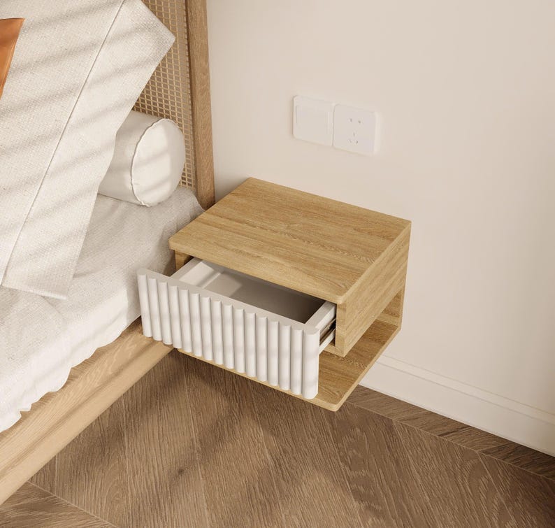 Fluted Modern Floating Bedside. Wall-mounted Bedroom Nightstand With ...
