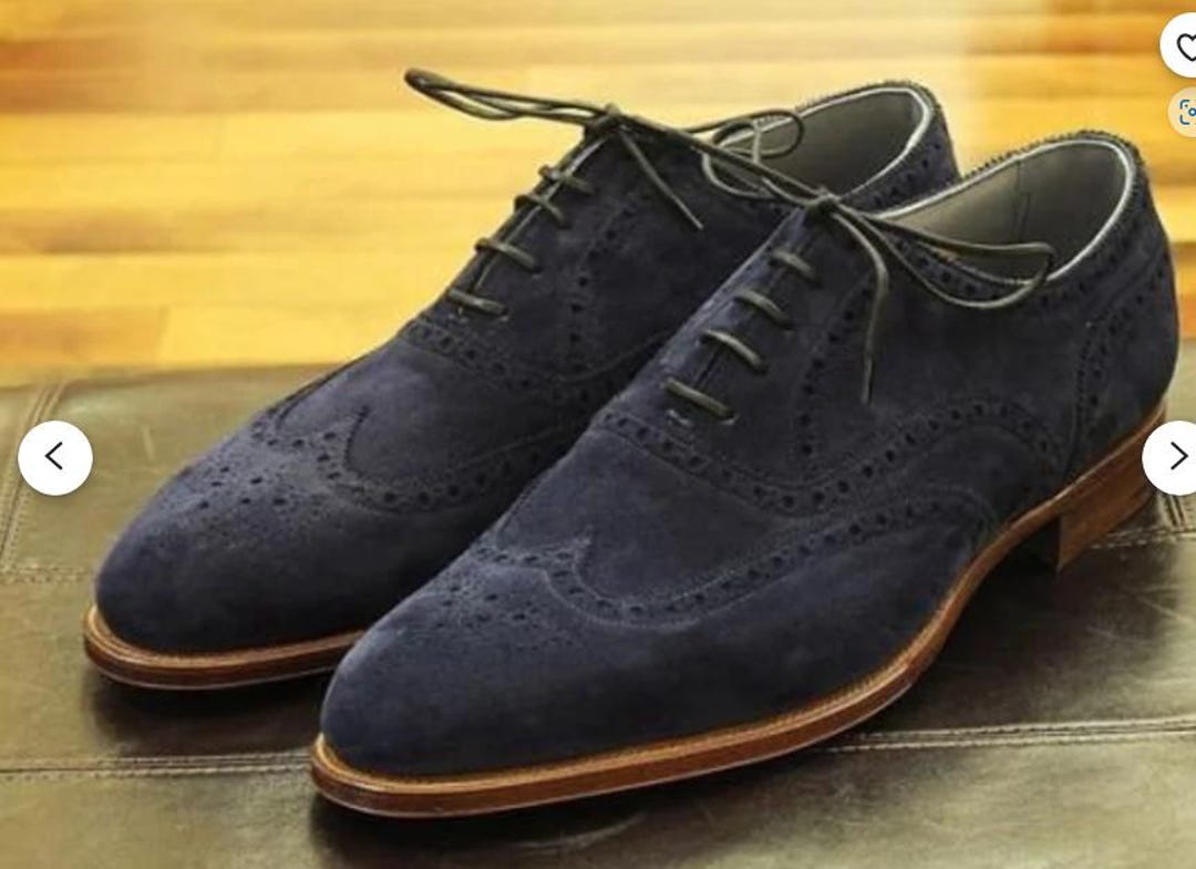 Handmade Men Navy Blue Suede Shoes, Men Wingtip Brogue Shoes, Dress ...