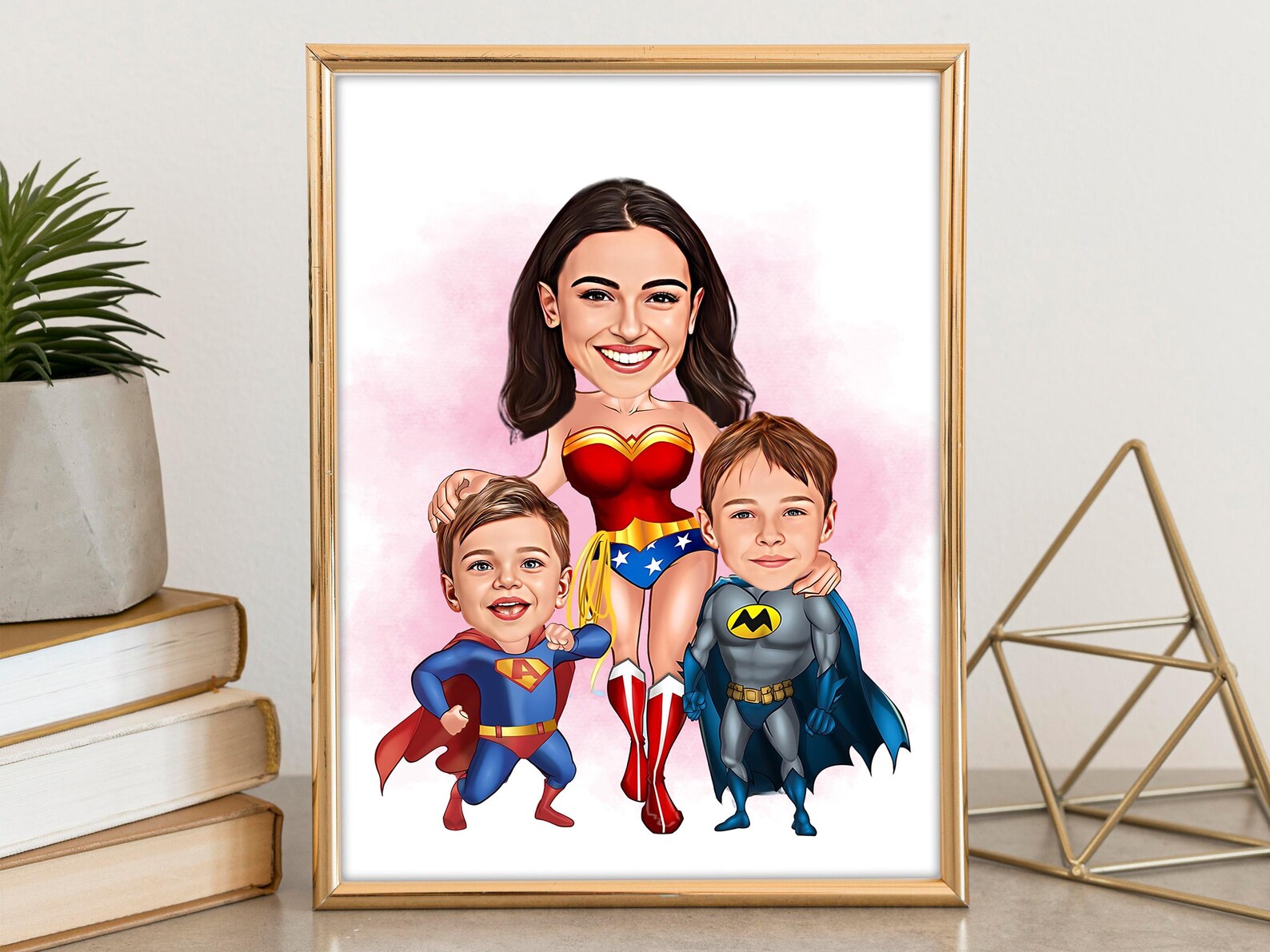 Custom Mother and Two Son Superhero Cartoon Portrait, Personalized ...