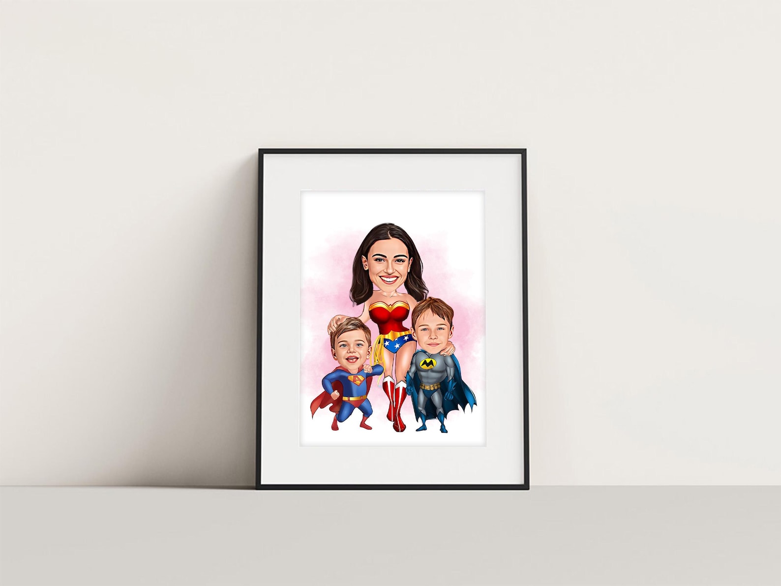 Custom Mother and Two Son Superhero Cartoon Portrait, Personalized ...