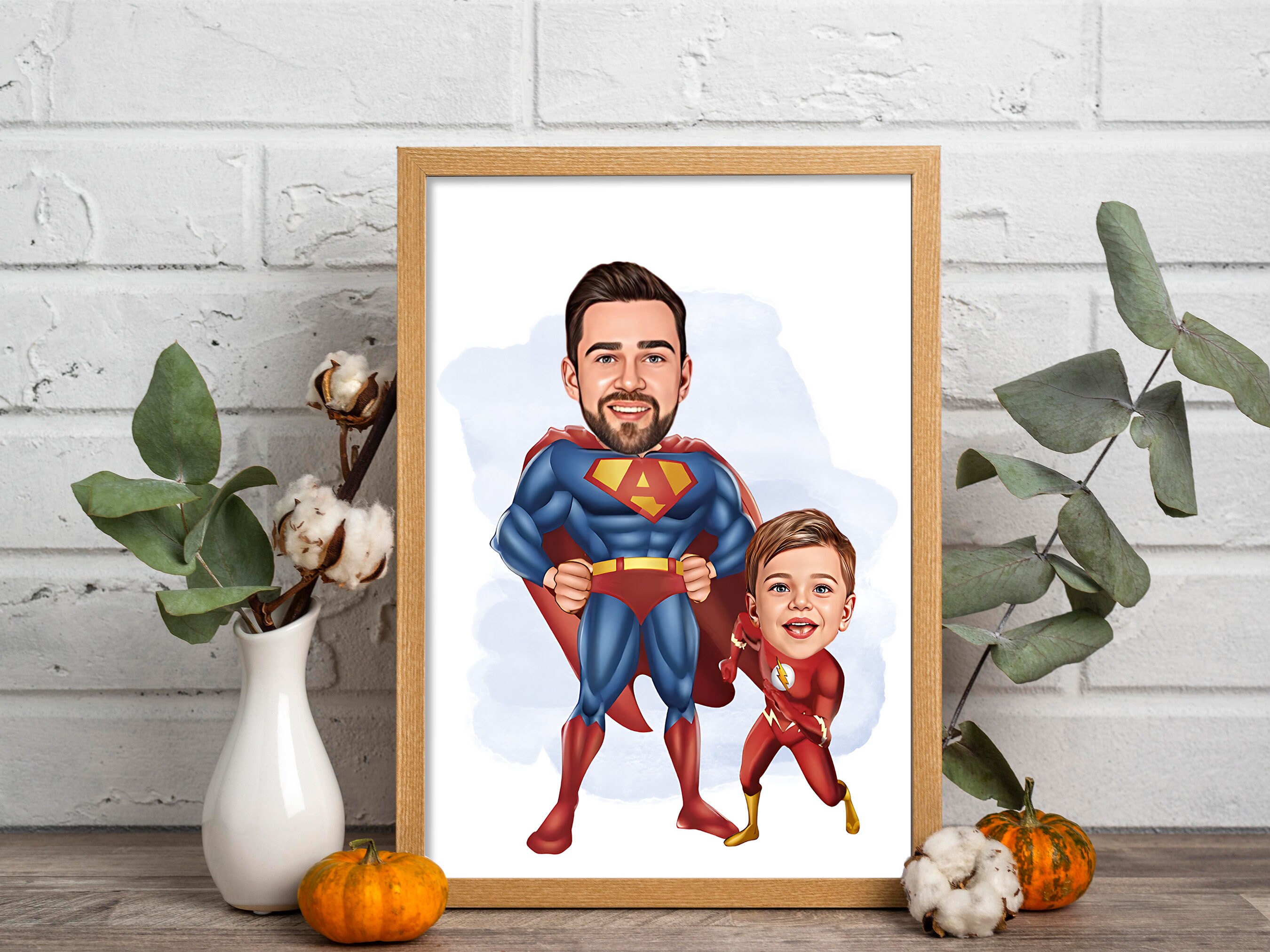 Custom Super Dad and Son Cartoon Portrait, Custom Super Dad and Son ...