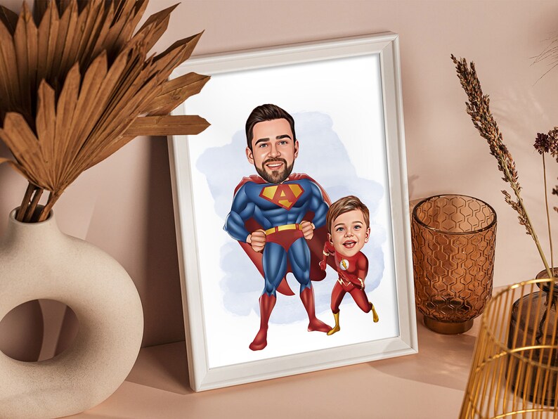 Custom Super Dad and Son Cartoon Portrait, Custom Super Dad and Son ...