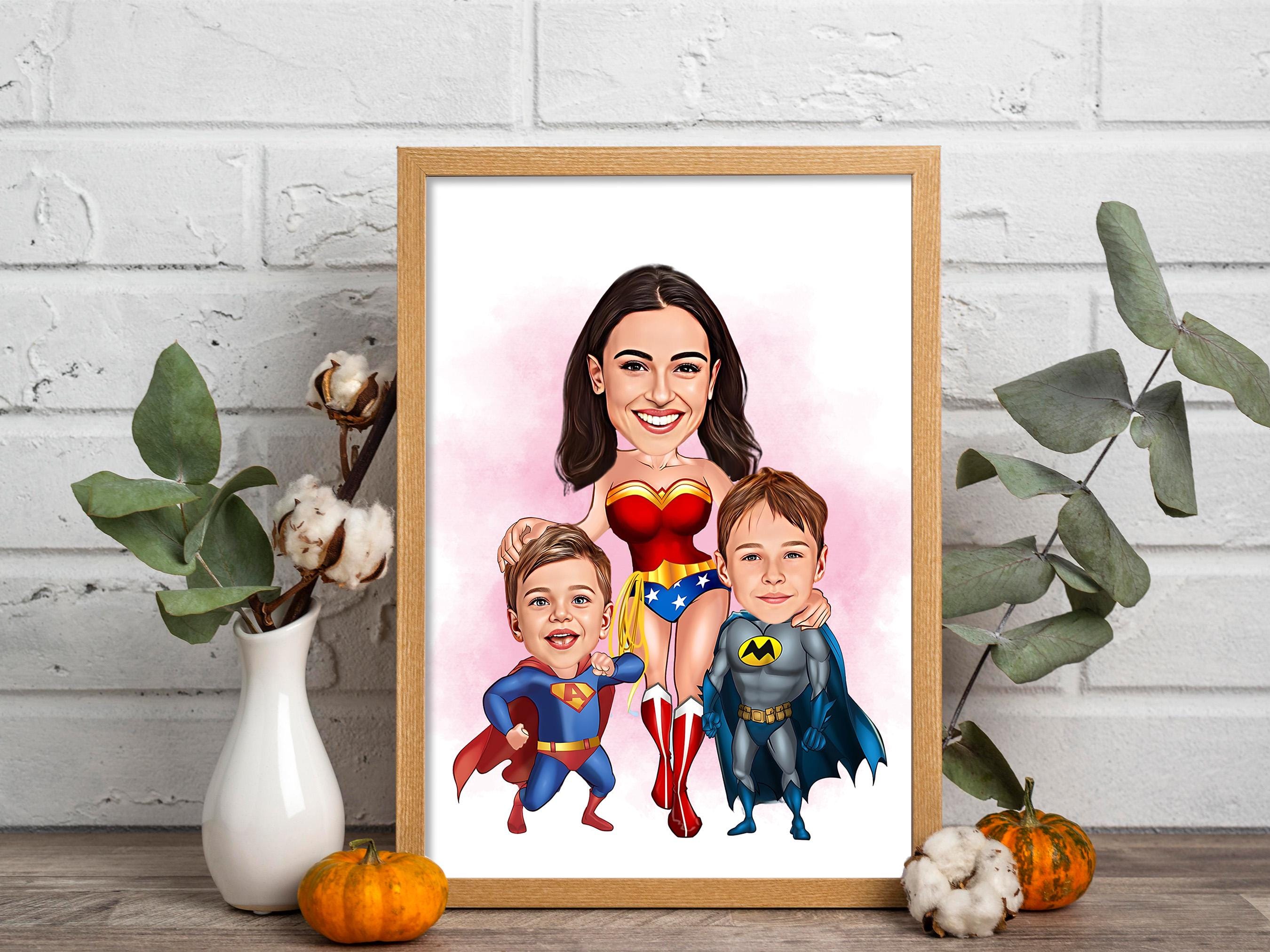 Custom Mother and Two Son Superhero Cartoon Portrait, Personalized ...