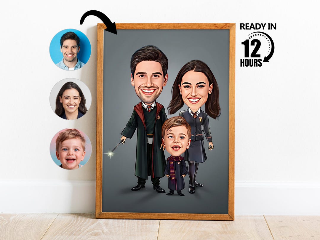 Custom Magician Family Cartoon Portrait,personalized Harry Theme ...