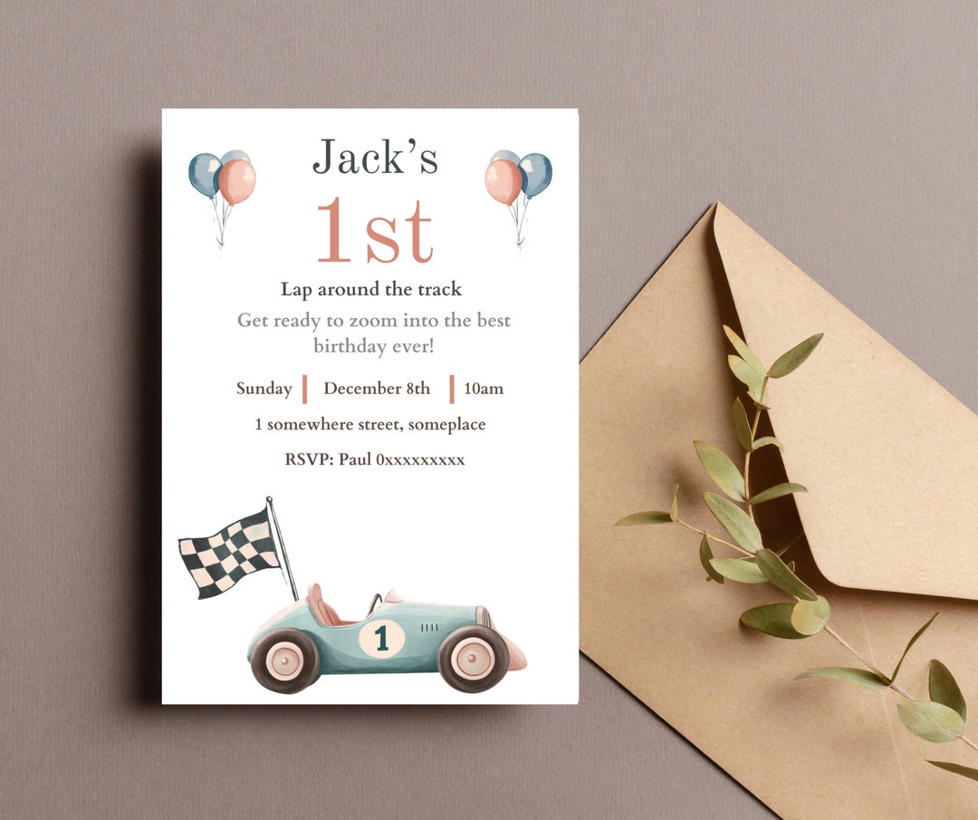 First Lap Around the Track Birthday Invitation - Editable Race Car ...