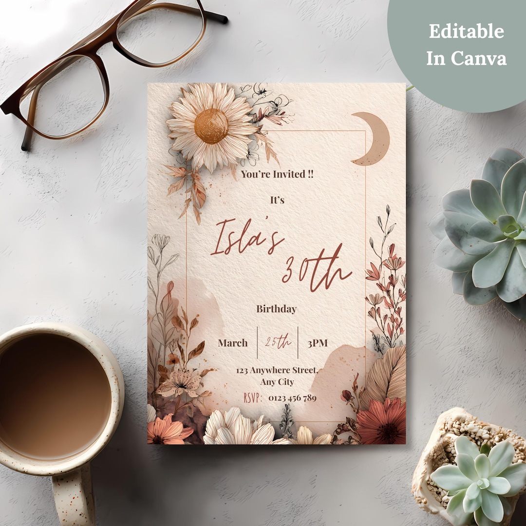 Boho Spring Birthday Invitation, Editable 5x7 Canva Template, Neutral ...