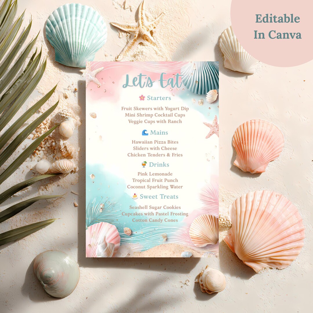 Pastel Teen Girl Coastal Menu, Editable 5x7 Printable Beach Party ...