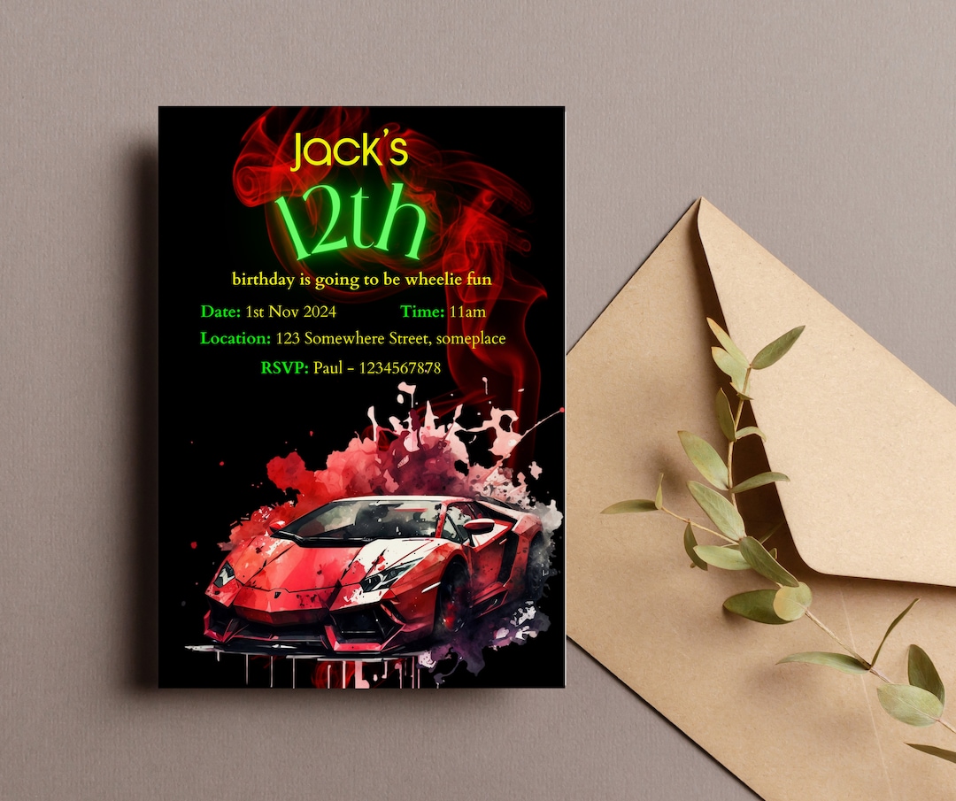 Red Lamborghini Birthday Invitation - Editable Race Car Template ...