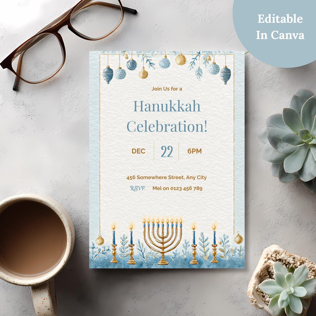 Elegant Hanukkah Party Invitation, Editable Canva 5x7inch, Minimal Blue ...