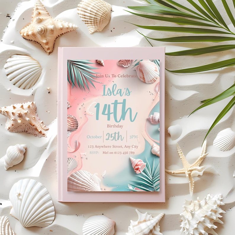 Teen Girl Coastal Birthday Invitation, Pastel Teen Girl Invitation ...