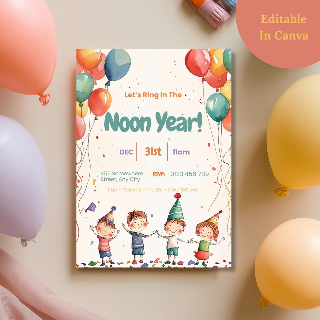 Cute Kids Noon Year Invitation, Editable Canva Digital New Year Party ...