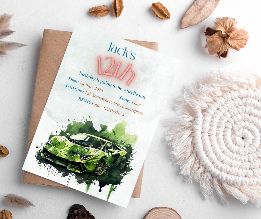 Green Lamborghini Birthday Invitation - Editable Race Car Template ...