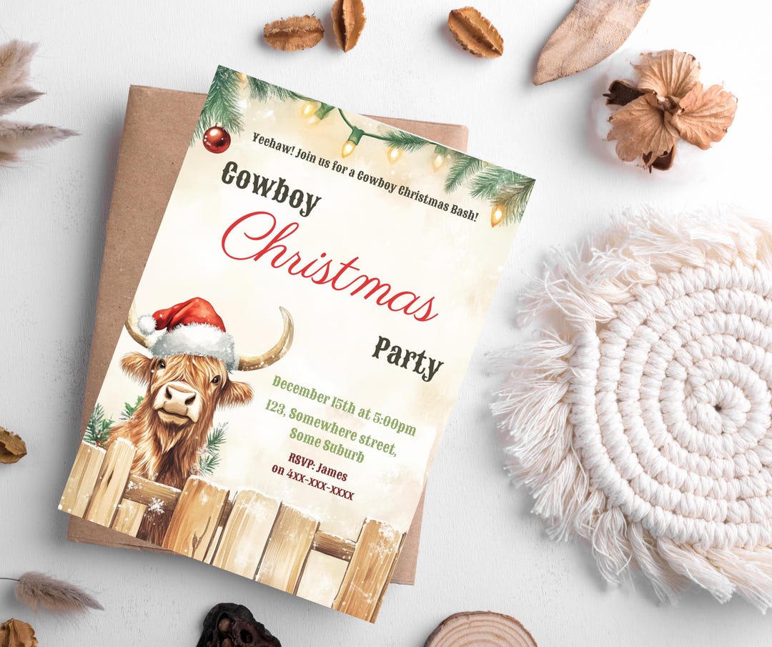 Cowboy Christmas Party Invitation Editable Holiday Invite Western ...