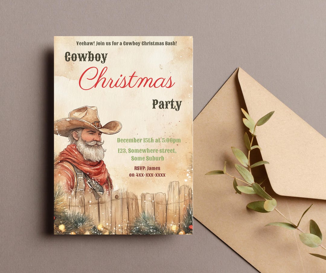 Cowboy Christmas Party Invitation - Editable Holiday Invite - Western ...