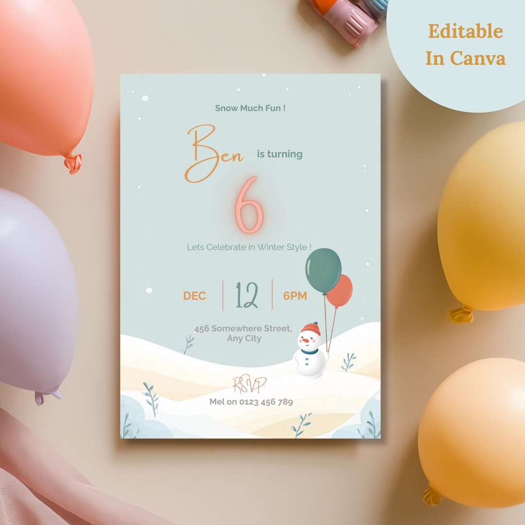 Editable Snowman Birthday Invitation, Winter Birthday Party Invite ...