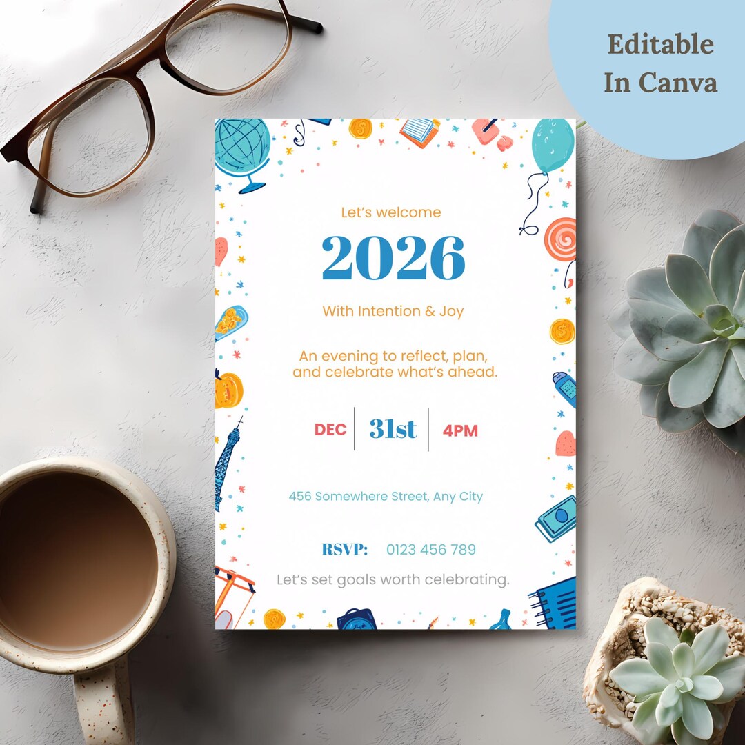 Editable New Year’s Eve Goal Party Invitation, Printable 5x7 Canva ...