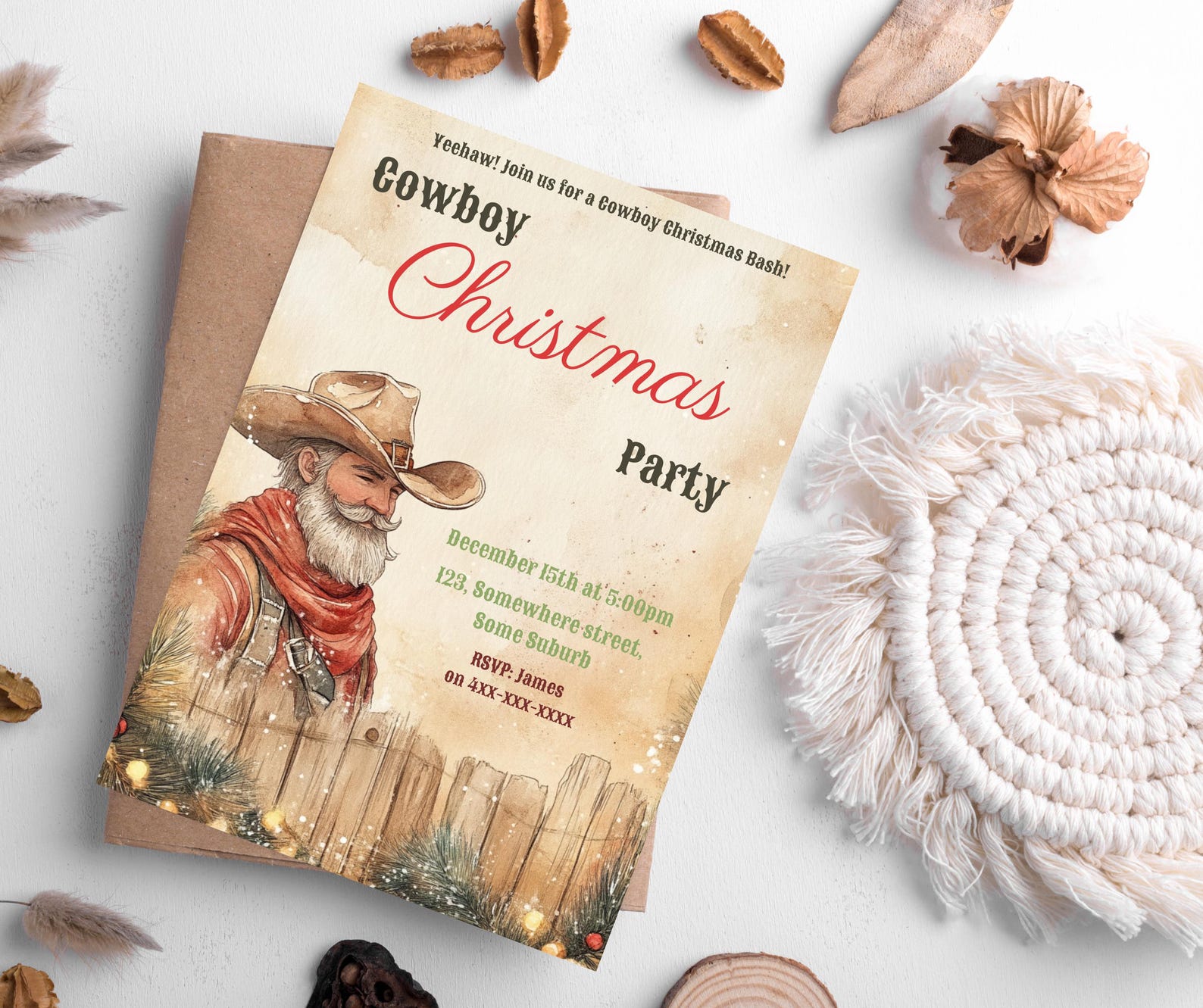 Cowboy Christmas Party Invitation - Editable Holiday Invite - Western ...