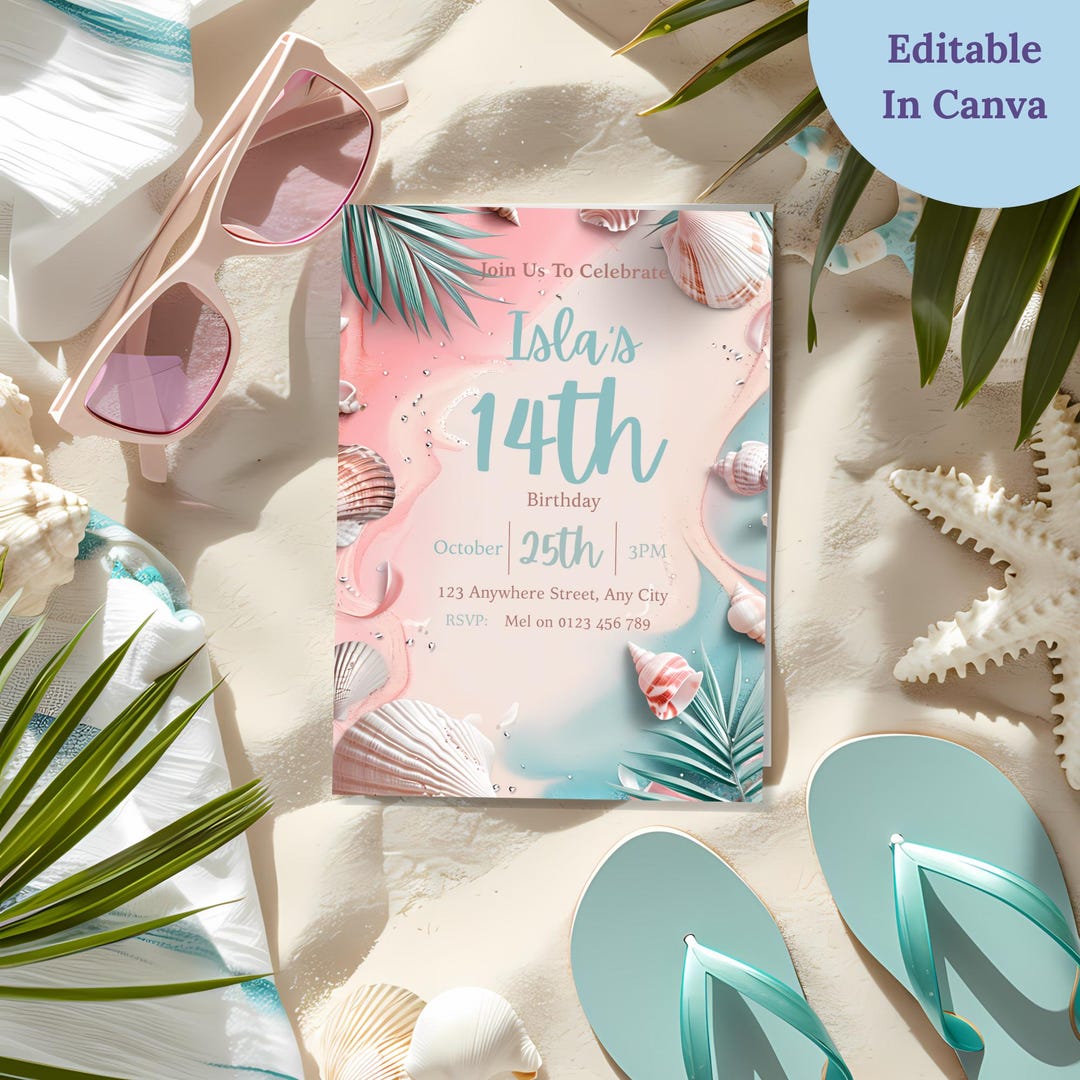 Teen Girl Coastal Birthday Invitation, Pastel Teen Girl Invitation ...