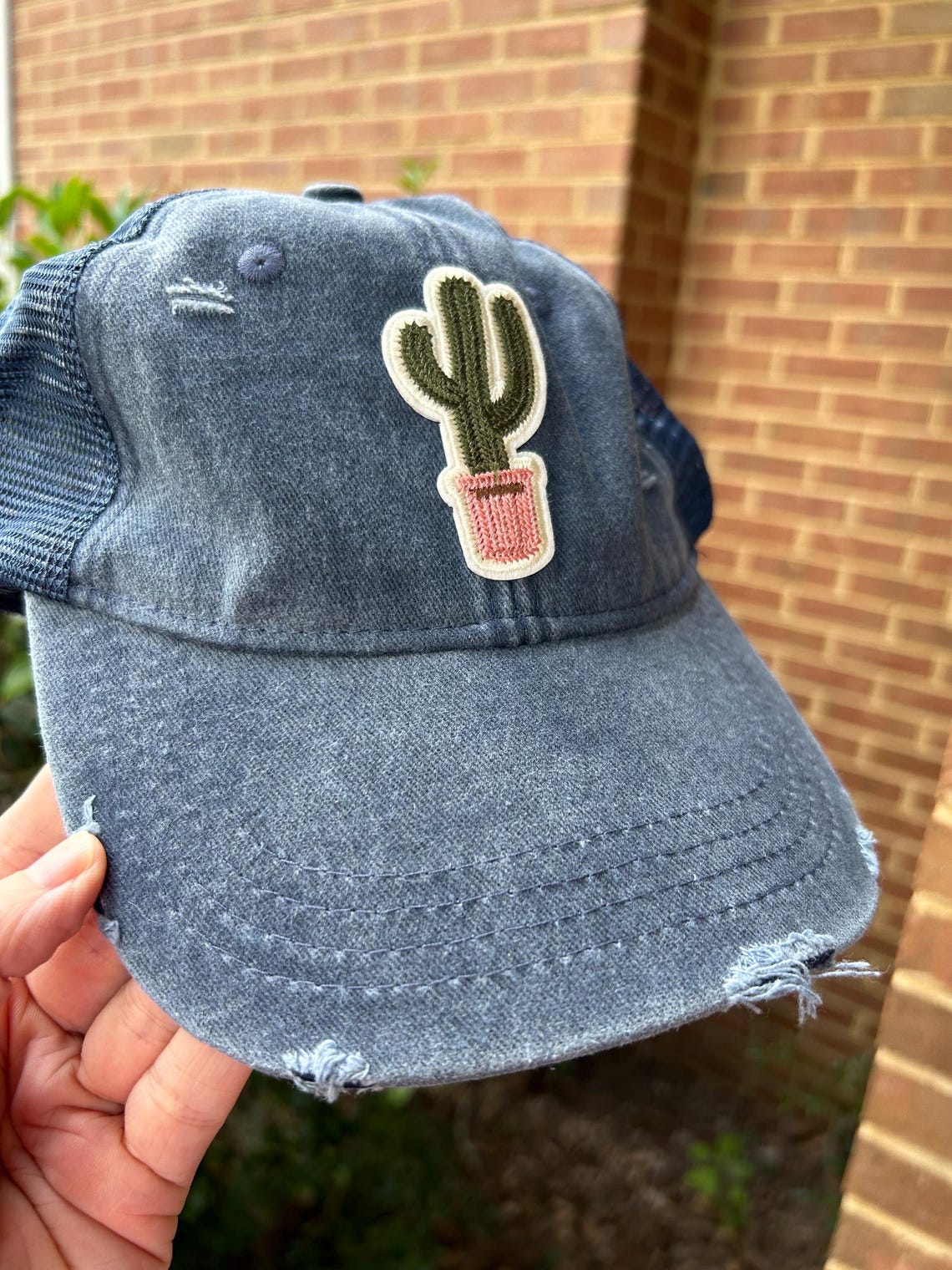 Distressed Baseball Hat, Faded Navy Blue With Cactus Patch. Mesh Back ...