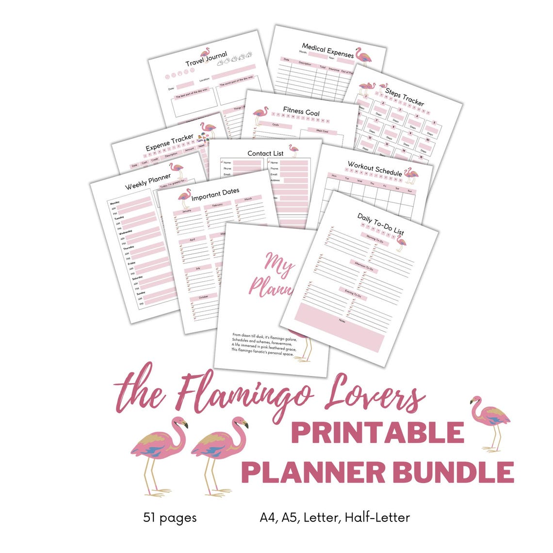 Flamingo Lovers Personal Planner Bundle, 50 Pages, Day, Week, Month ...