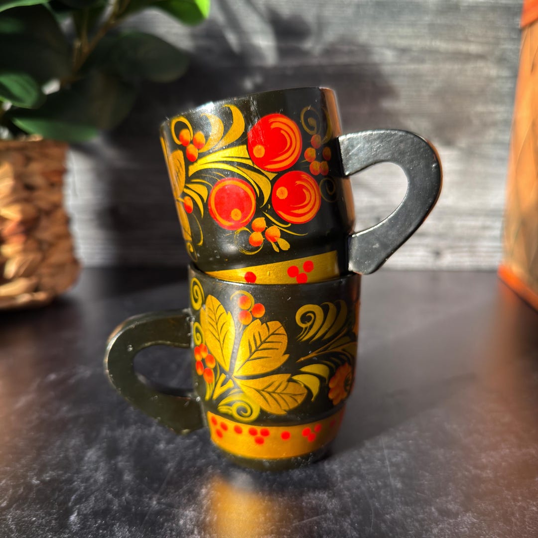 Vintage Russian Khokhloma Wooden Mugs | Hand Painted Folk Art | Set of ...