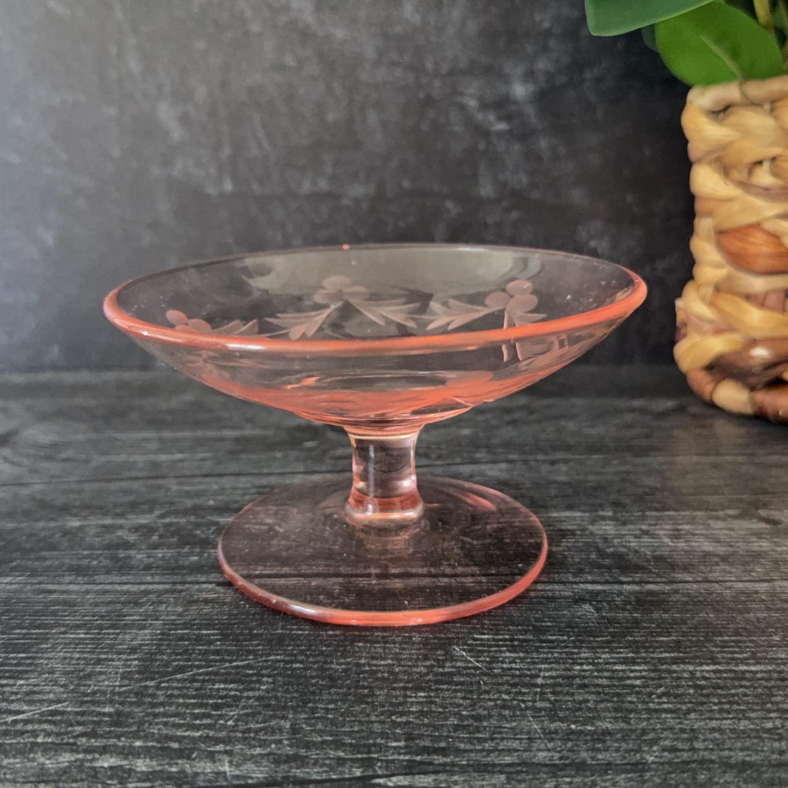 Pink Depression Glass Pedestal Compote • Etched Holly Berry Pattern ...