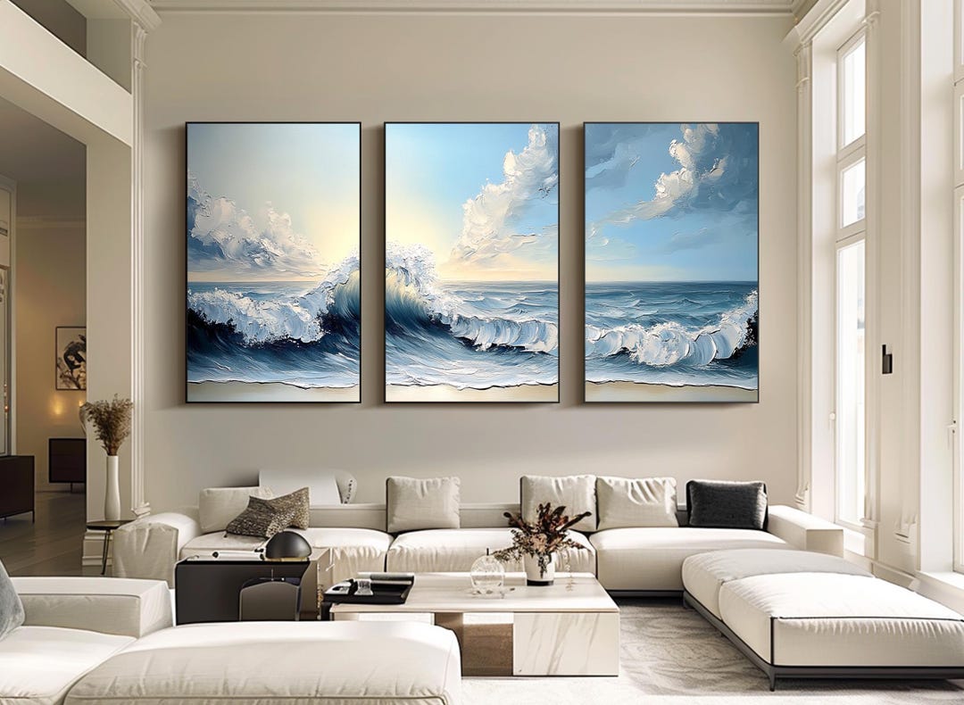 Ocean Triptych Wall Art Original Wave Oil Painting Living Room Bedroom ...