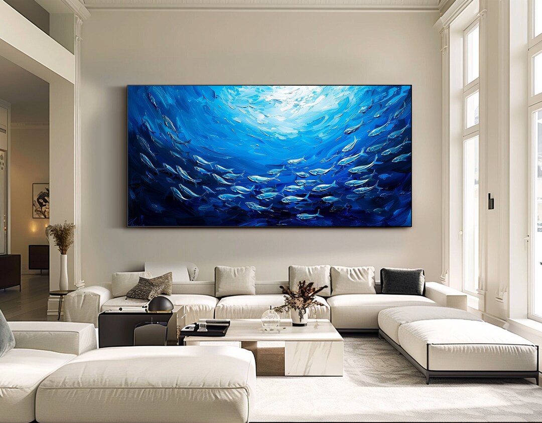 Large Abstract Sea Bottom Fish Painting Blue Underwater Fish on Canvas ...