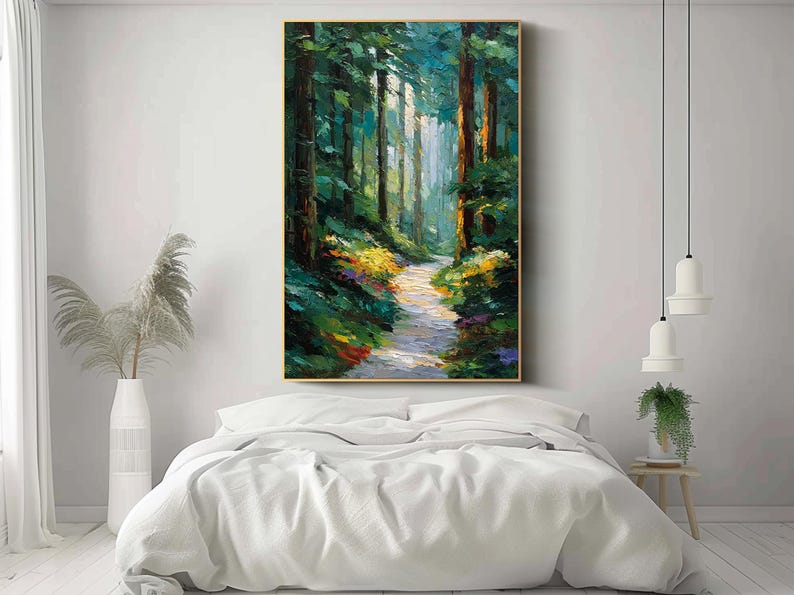 Original Forest Path Oil Painting Large Green Textured Wall Art ...