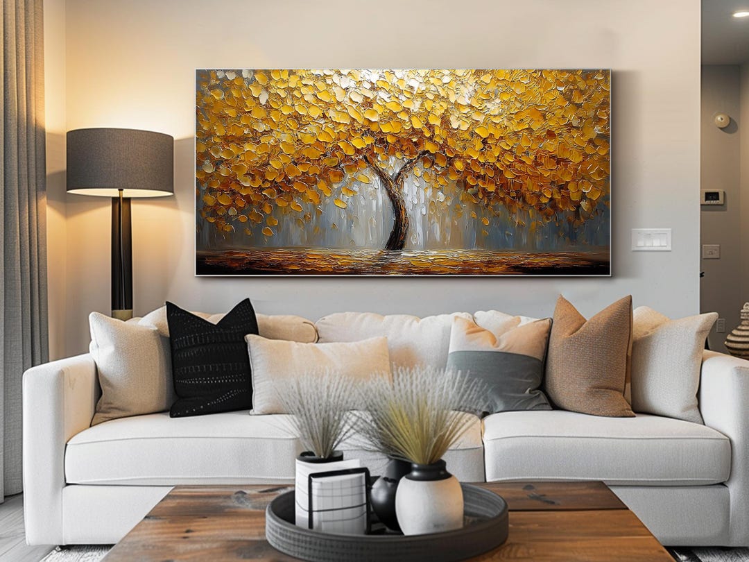 Original Tree Oil Painting Golden Leaves Artwork Textured Canvas for ...