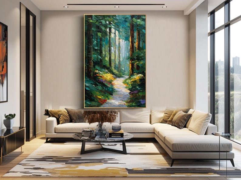 Original Forest Path Oil Painting Large Green Textured Wall Art ...