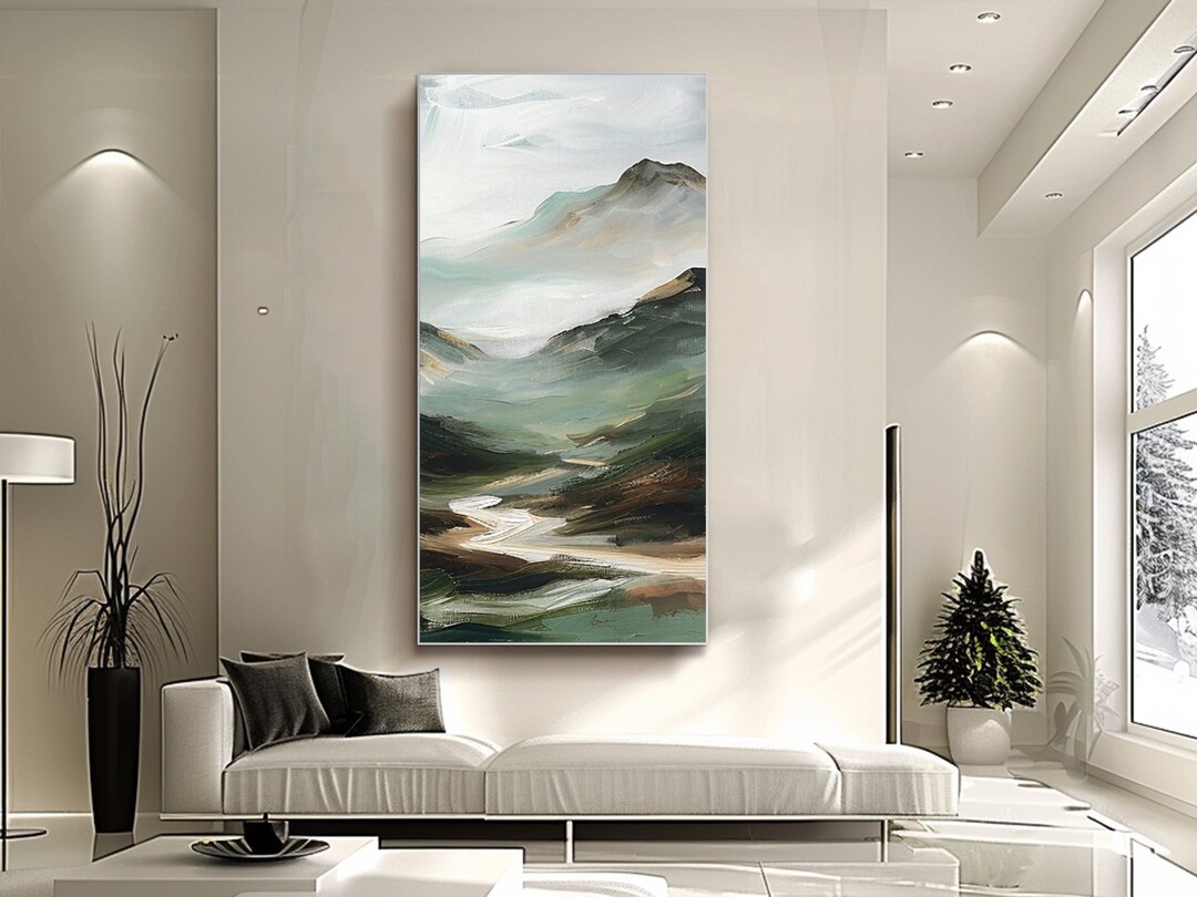 Large Vertical Wall Art Original Painting on Canvas Minimalist Mountain ...