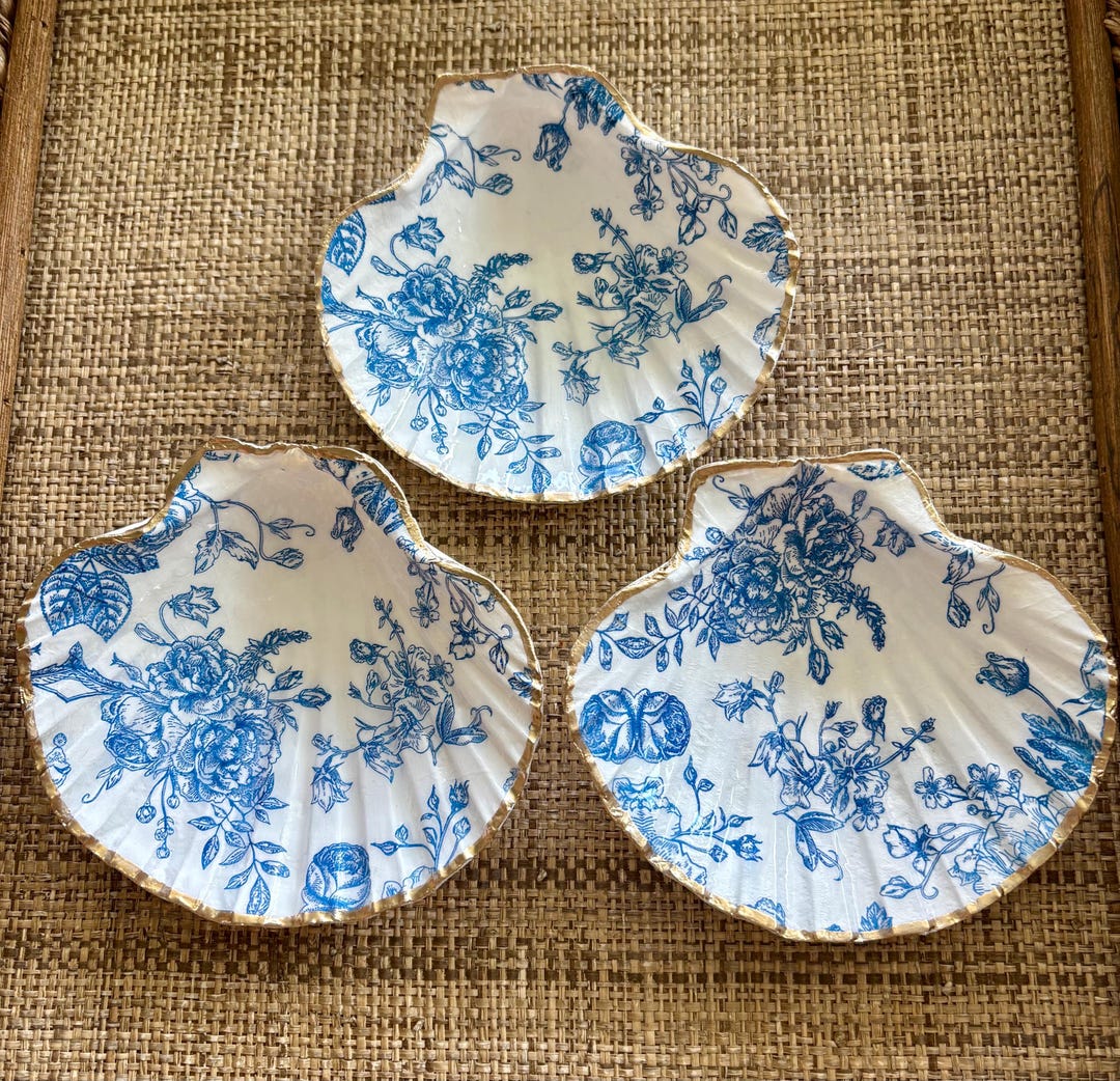 Blue French Toile Floral Scallop Shell Ring Dish, Chinoiserie, Newlywed ...