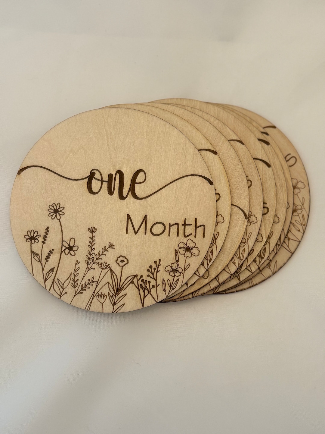 Wildflower Baby Milestone Rounds | Engraved Wooden Photo Props - Etsy