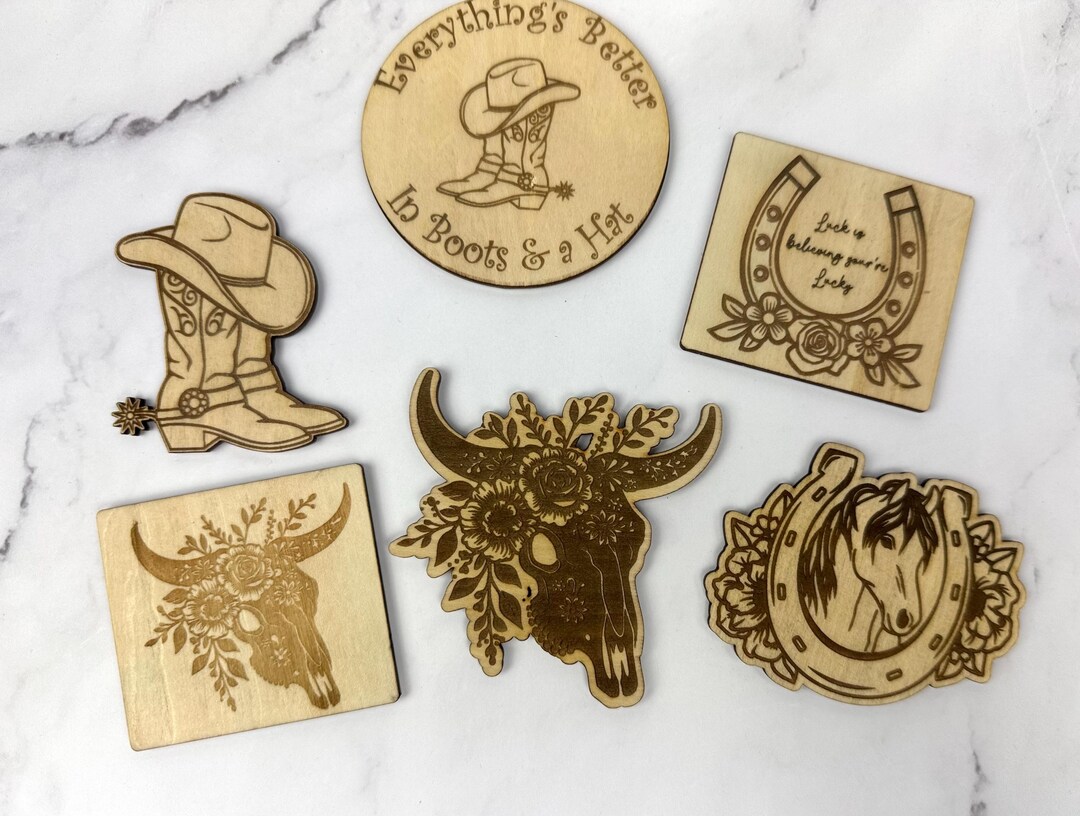 Wood Magnets - Laser Engraved Cowboy and Cowgirl Designs, Western ...