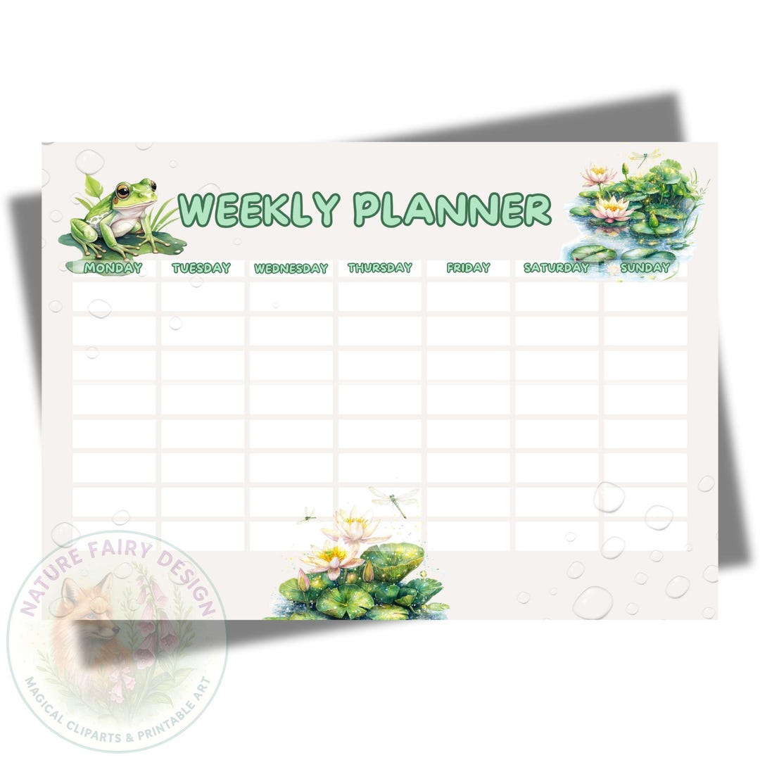 Waterlily Weekly Planner - A4 Printable PDF - Nature Planner With Frog ...