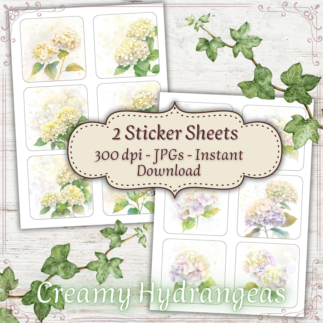 Creamy Hydrangeas – 2 X A4 Sticker Sheets | Pastel Hydrangea Stickers ...