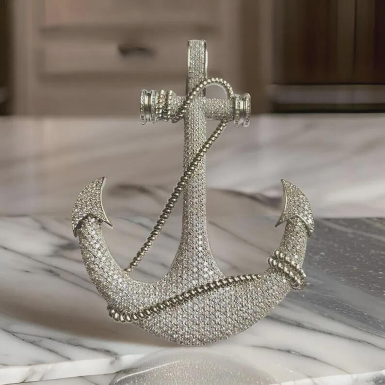 Natural Tester Pass Moissanite Round Cut Anchor Pendant 14K White Gold ...