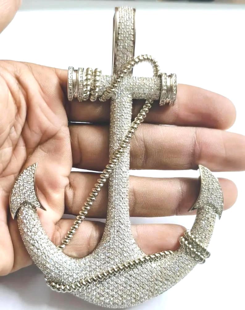 Natural Tester Pass Moissanite Round Cut Anchor Pendant 14K White Gold ...