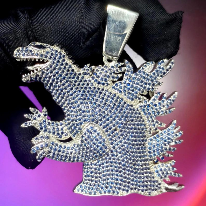 Sapphire Godzilla Pendant, 14K White Gold Plated Hip-hop Jewelry - Etsy