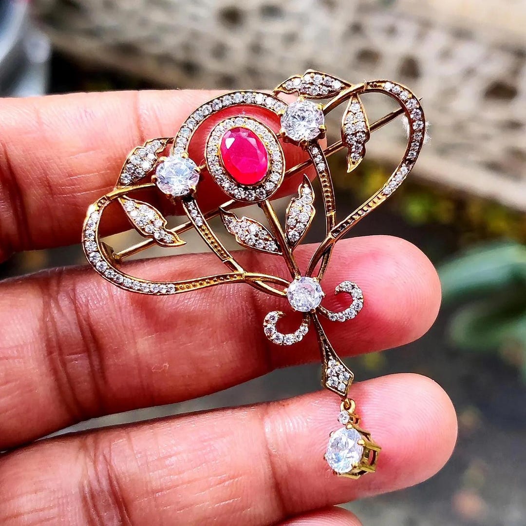 Simulated Red Ruby Brooch Pin, 14K Gold Finish Art Deco Sterling Silver ...