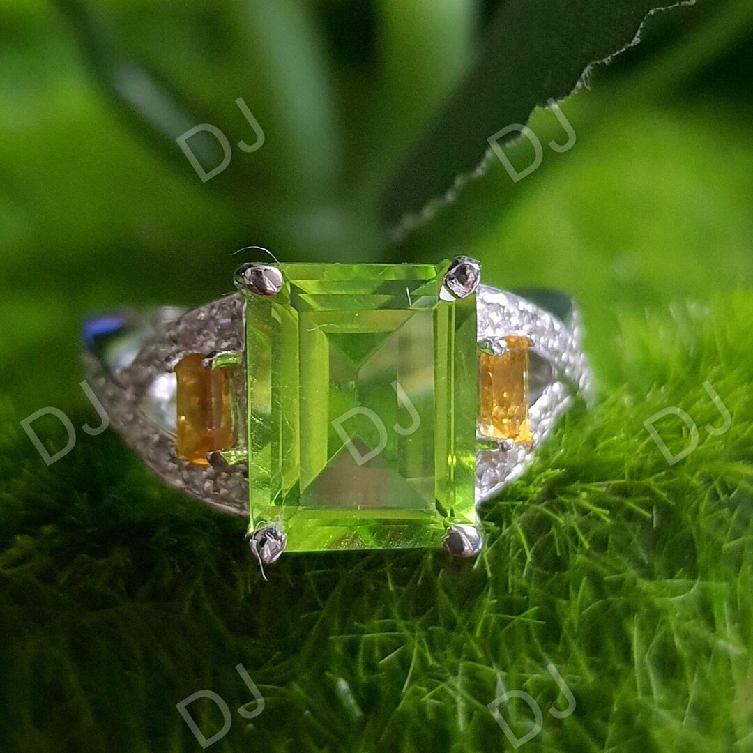 3.00ct Emerald Cut Peridot Diamond & Citrine Halo 14K White Gold Finish ...