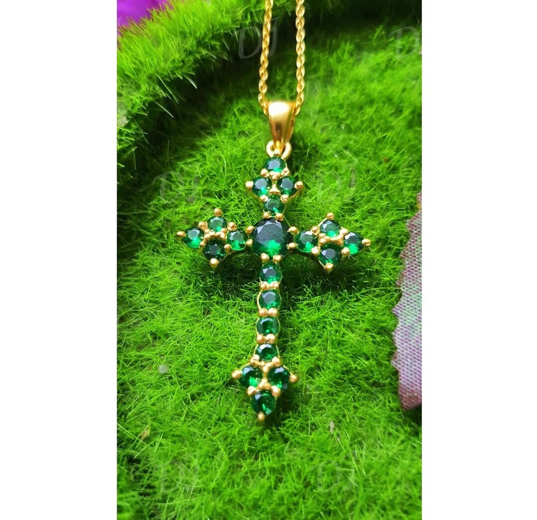 2ct Round Brilliant Cut, Lab Created Green Emerald, Cross Pendant ...