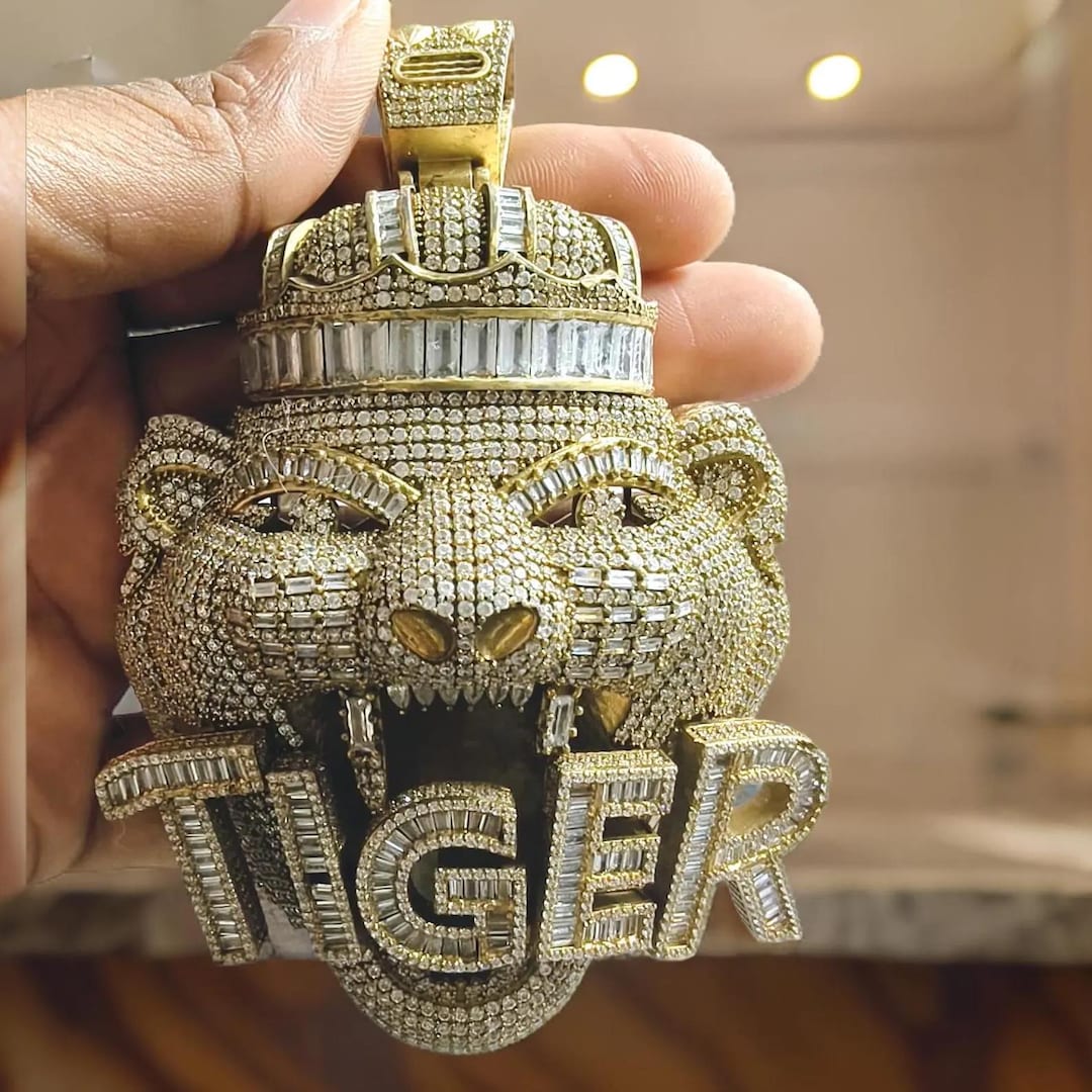 Iced Out 3D Tiger Pendant, Baguette Lab Diamond, Custom Name, 14k ...