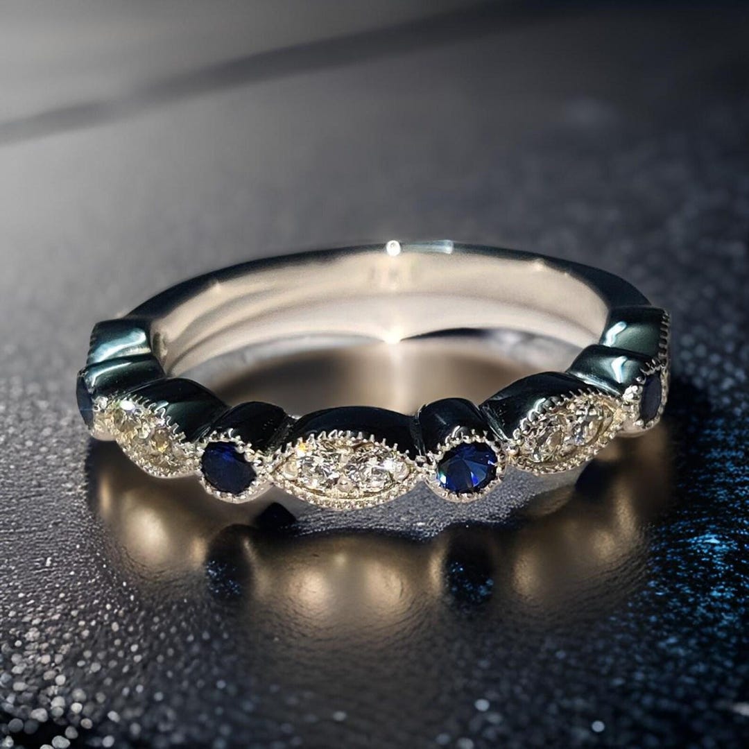 Sapphire Band Ring Round Cut Lab-created Sapphire Engagement ...