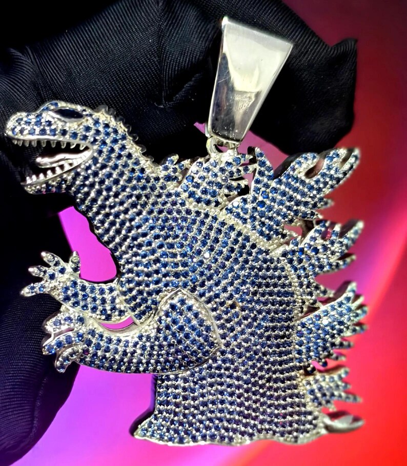 Sapphire Godzilla Pendant, 14K White Gold Plated Hip-hop Jewelry - Etsy