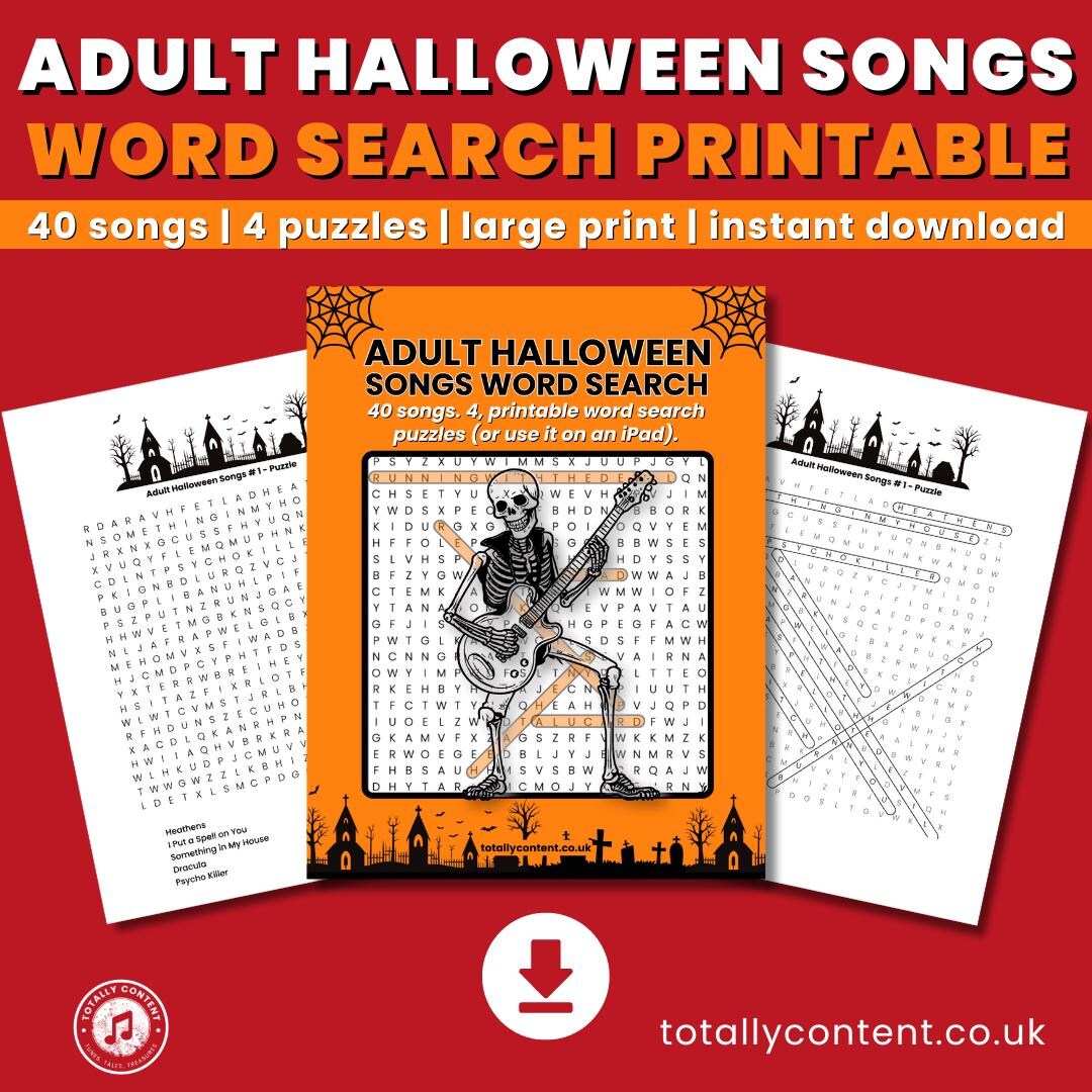 Adult Halloween Songs Word Search Puzzle – Printable Set (40 Tracks, 4 ...