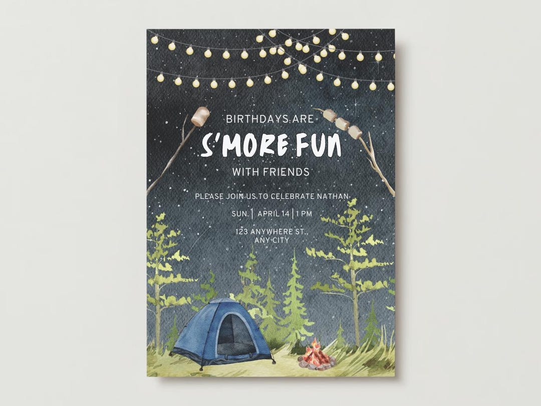 Camping Themed Party Invitation - Editable on Canva - Etsy