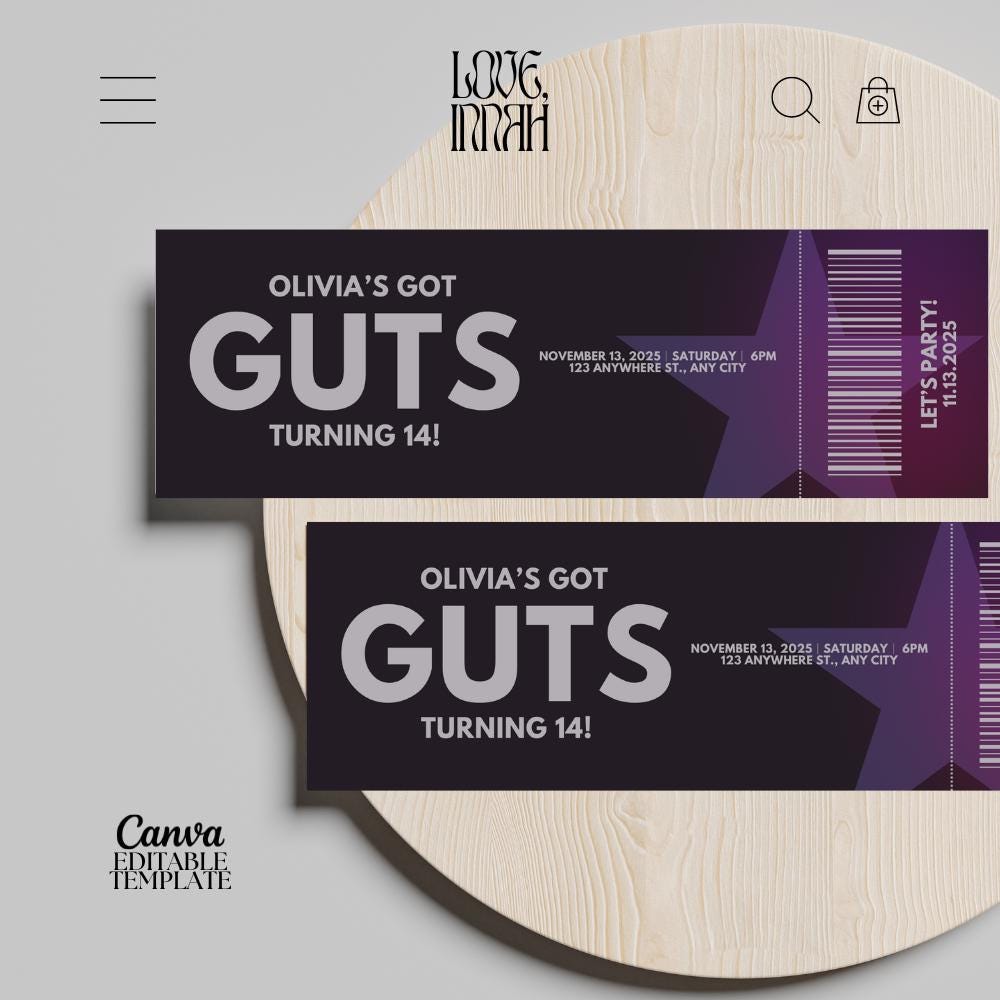 Guts Ticket Invitation, Guts Birthday Invitation, Guts Party, Olivia ...