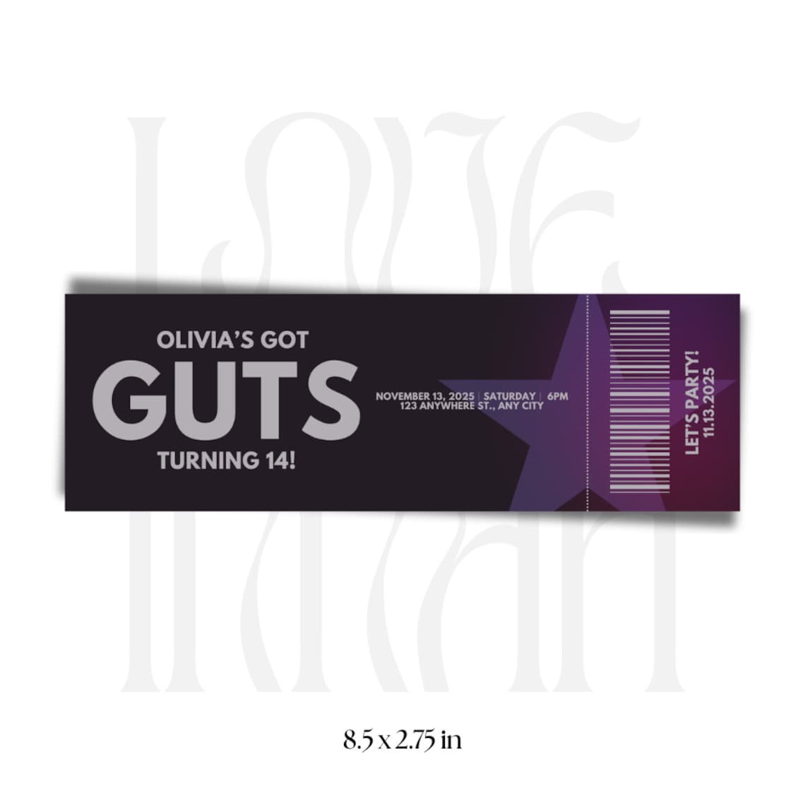 Guts Ticket Invitation, Guts Birthday Invitation, Guts Party, Olivia ...